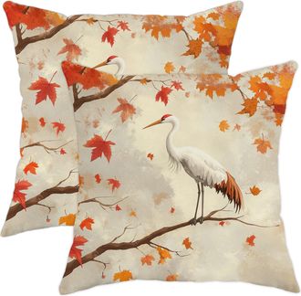 Generic Herbstkraniche V&ouml;gel Kissenh&uuml;llen Luxuri&ouml;se Dekokissen Quadratische Kissenh&uuml;lle F&uuml;r Hotel B&uuml;ro Bett 45X45Cm 2Er Set