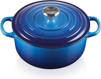 LE CREUSET Le Creuset Signature Gusseisen-Bräter mit Deckel, Ø 22 cm, Rund, Für alle Herdarten und Induktion geeignet, Volumen: 3,3 l, 3,932 kg, Azure, 211772222