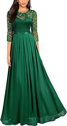 Onsoyours Robe Longue Femme Manches 3/4 Mince Jupe Maxi Plissée Rétro de Soirée Florale en Mousseline de Soie Dentelle Demoiselle dhonneur Formelle (M, Vert)