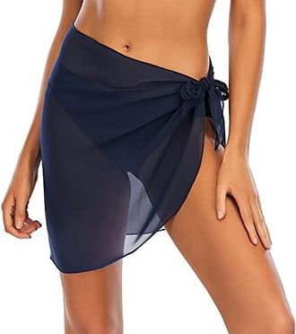Jamron Femmes Paréo Court Cache Maillot de Bain Wrap de Plage Couverture de Bikini Jupes en Mousseline, Multifonctionnel, Transparent Bleu Marine XL