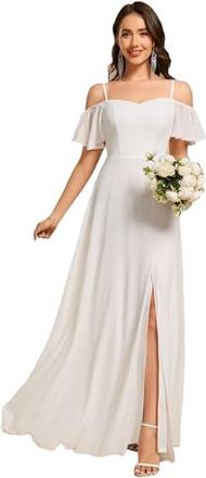 Ever-pretty Robe de Soirée Longue Femme Épaules Dénudées à Bretelles à Volants Fendue en Mousseline Fluide Blanc 48