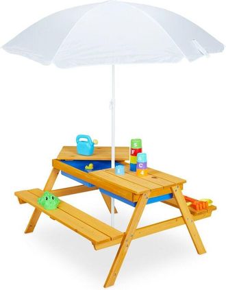 Relaxdays Relaxdays - Table de jardin pour enfants en bois avec 2 bacs &agrave; sable et eau - Parasol ajustable - Dimensions 49 x 86 x 92,5 cm - Pour 4 enfants