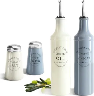 Com-Four Ensemble de cuisine 4 pi&egrave;ces en verre - bouteille dhuile et de vinaigre avec verseur en acier inoxydable, rabat, tube da&eacute;ration - sali&egrave;re et poivri&egrave;re