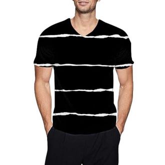 Generic T-shirt &agrave; rayures pour homme - D&eacute;contract&eacute; - Tendance - Personnalit&eacute; - Col en V - Imprim&eacute; &agrave; manches courtes, Noir, 3XL