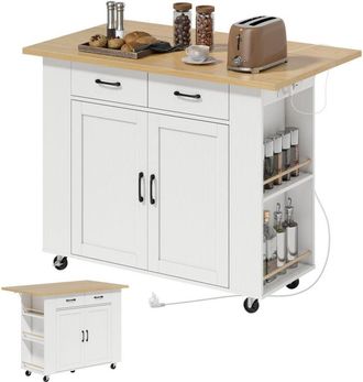 HOMCOM &Icirc;lot de Cuisine - HOMCOM - Station de Charge, Plan de Travail Rabattable et Roulettes - Bois - 120 x 71 x 89 cm - Blanc