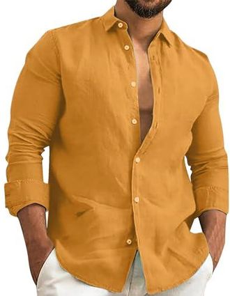 Generic Chemise en coton et lin pour homme, à manches longues, coupe décontractée, solide, légère, boutonnée, col montant, respirant, confortable, classique, 