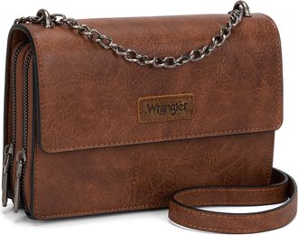 Wrangler Flap Crossbody-Tasche für Damen, kleine Clutch, Geldbörse, trendige Umhängetasche mit Kettenriemen, braun, Geschenk WG149-236DBR, dunkelbraun