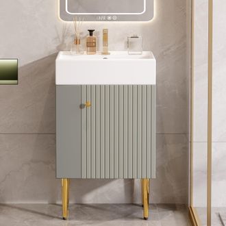 Generic Waschtisch mit Unterschrank 55 cm Wei&szlig; und Grau Badm&ouml;bel Set f&uuml;r G&auml;ste WC Stehend Keramik Waschbecken Kleiner Waschplatz mit Seitlichem Regal Modernes