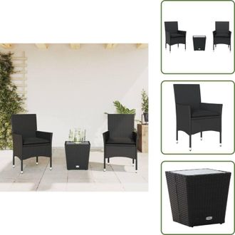vidaXL 3-tlg. Bistro-Set mit Kissen Schwarz Poly Rattan und Glas - Gartentisch - Esstisch - Bistroset - Outdoor M&ouml;bel - Gartenm&ouml;bel