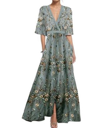Generic Robe Maxi &agrave; imprim&eacute; Floral pour Femmes, &eacute;l&eacute;gante, col en v, ceintur&eacute;e, Robes de Plage de Cocktail de Bal de Mariage d&eacute;t&eacute; (Gris 01,Grand)