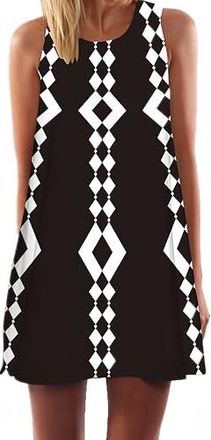 Ocean Plus Damen &Auml;rmelloses Minikleid Digitaldruck Strandkleid Sommerkleid Tank Tops Rundhals Kurz A-Line Hemdkleid Blusekleid (M (EU 36-38), Lignes de Losanges 