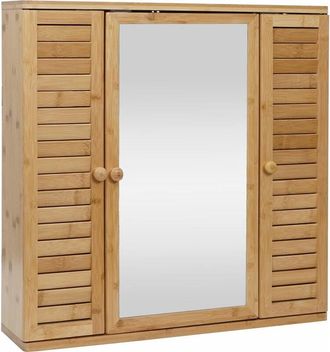 Hhg Spiegelschrank 302, Badspiegelschrank Hängeschrank, 3 Regalböden 3 Türen Bambus Spiegel 60x60x15cm