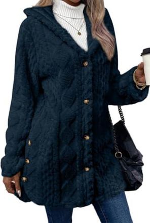 Onsoyours Gilet Femme Hiver Long en Tricot Cardigan &agrave; Capuche Manches Longues Boutonnage Casual Automne Gilet Long Polaire A Marine L