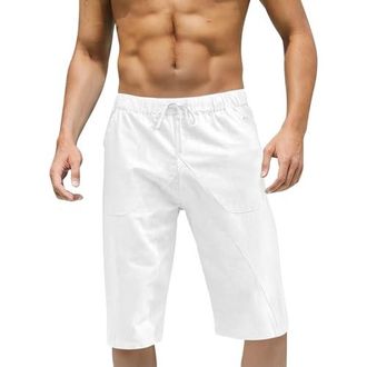 Generic Short de plage pour homme - En coton et lin - Pantalon baggy sarouel - Pantalon de plage avec poches - Coupe droite, blanc, 3XL