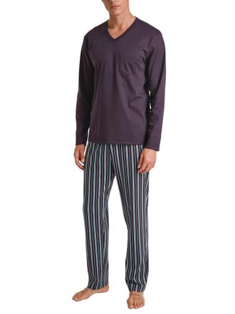 CALIDA Relax Streamline Pyjama, lang Herren, aus 100% Baumwolle, Hose mit stoffbezogenem Gummibund