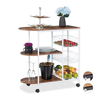 Relaxdays Servierwagen, Küchenwagen mit 3 Ablagen & 3 Körben, Industrial, Metall & MDF, HBT: 84 x 83 x 37 cm, weiß/braun, 1 Stück, Design B