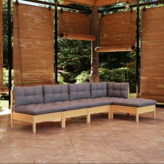 vidaXL 5-tlg. Garten-Lounge-Set mit Grauen Kissen Kiefernholz vidaXL
