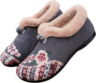 Generic Dritnow Bottines dhiver chaudes pour femme avec motif floral - Bottes brodées - Légères et antidérapantes - Pour lintérieur et lextérieur, gris, 37/46