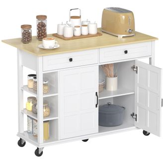 HOMCOM K&uuml;cheninsel auf R&auml;dern, klappbare Arbeitsplatte, K&uuml;chenwagen mit 2 Soft-Close-T&uuml;ren, 2 Schubladen, 6 offene Regale, wei&szlig;