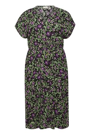 Kaffe Curve Kaffe Curve Damen Übergröße Midi, Kurze Ärmel, V-Ausschnitt, lockere Passform Kleid, Schwarz/Grün/Lila Blume, 44/Mehr Größe