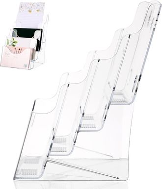 SOLUSTRE Tragbarer Acryl Dokumenten Organizer mit 4 F&auml;chern Desktop Buchhalter und Brosch&uuml;renst&auml;nder Stabiler A5 Pr&auml;sentationsst&auml;nder f&uuml;r B&uuml;ro und Zuhause