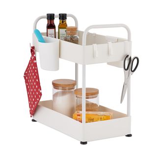 Relaxdays Unter Waschbecken Regal, 2 Etagen, 6 Haken & 2 Becher, h&ouml;henverstellbar, Putzmittel Organizer f&uuml;r K&uuml;che, wei&szlig;