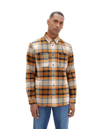 Tom Tailor Herren Comfort Fit Hemd mit Karo-Muster aus Baumwolle, orange cognac multicolor check, S