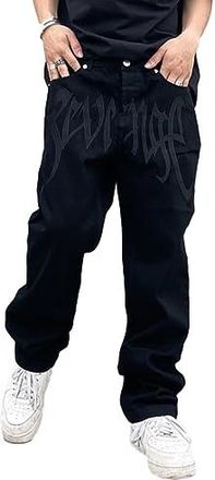 ORANDESIGNE Jeans Baggy Imprimé Homme Jean Hip Hop Jean Droit Y2K Pantalon en Denim Délavé Pantalon en Jean Vintage Pantalon de Skateboard Adolescent Garçon Stree