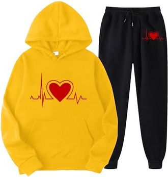 Generic Sweat &agrave; capuche et pantalon &agrave; manches longues et col rond imprim&eacute; coeur &eacute;lectrocardiogramme d&eacute;contract&eacute; pour femme 2026 pour lautomne et lhiver, jaune