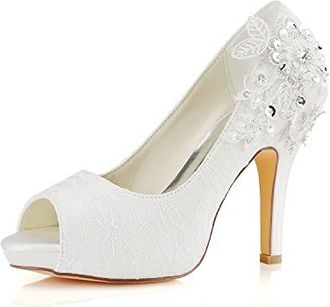 Emily Bridalwear Chaussures de mariée Chaussures de Mariage en Dentelle Ivoire Dentelle Peep Toe Chaussures de mariée à Talons Hauts (EU36, Beige)