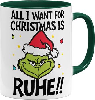 OM3 lustige Weihnachts Kaffee-Tasse mit Spruch - all I want for Christmas is RUHE - Keramik Becher - 325ml - Beidseitig Bedruckt - Gr&uuml;n