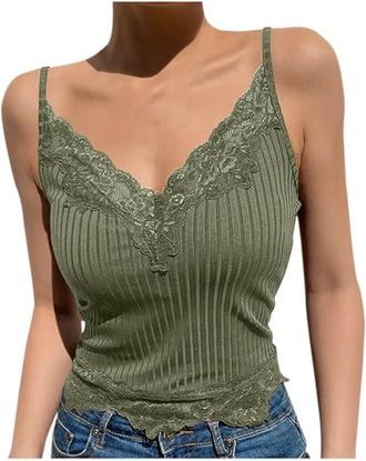 Generic D&eacute;bardeur pour femme - D&eacute;bardeur &agrave; bretelles spaghetti - Avec bordure en dentelle - Avec soutien-gorge int&eacute;gr&eacute; - D&eacute;bardeurs d&eacute;t&eacute; - Col en V - T-shirt 