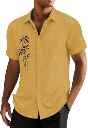 Generic Chemise dété légère à manches courtes en coton et lin pour homme, chemise dentraînement décontractée, chemise classique, doré, XXL