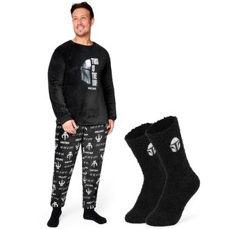 Disney Mandalorian Herren Schlafanzug lang mit Flauschigen One Size Socken - Pyjama Herren mit Taschen in Größe M-2XL (Schwarz, 2XL)
