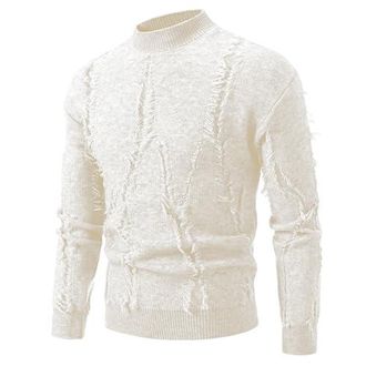 Generic Pull vintage à manches longues pour homme, col montant, délavé, délavé et déchiré, pull en tricot côtelé tendance 2025, blanc, 3XL