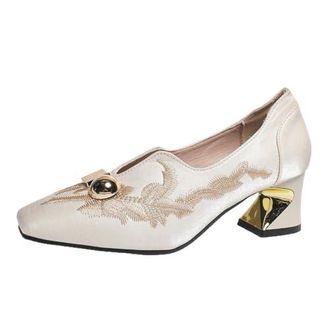 Generic Escarpins r&eacute;tro &agrave; bout carr&eacute; pour femme - Design en m&eacute;tal brod&eacute; - &Agrave; enfiler - Style d&eacute;contract&eacute; et &eacute;l&eacute;gant, beige, 38.5 EU