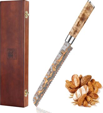 Zayiko MysticMagma 20cm Brotmesser Wellenschliff aus 67 Lagen Damaststahl und VG10 Kern I Brotschneidemesser mit Kupfer- und Bronzeeinlagen Ahornwurzelholzgr