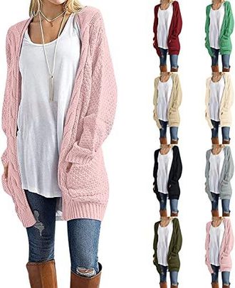 Generic Cardigan long pour femme, cardigan pour femme, couleur pure, polyvalent, printemps et automne, cardigan d&eacute;contract&eacute; ouvert sur le devant avec poches, 