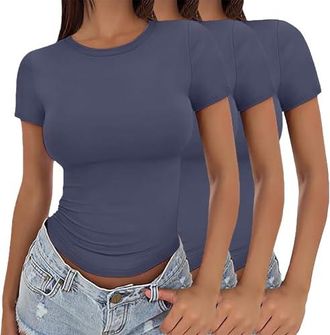 Generic Lot de 3 t-shirts &agrave; manches courtes pour femme - Maillot de corps basique court - T-shirts d&eacute;t&eacute; Y2K - Couleur unie - Coupe ajust&eacute;e - Pour adolescentes