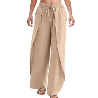 Generic Robe boh&egrave;me 2026 pour femme, pantalon d&eacute;t&eacute; &agrave; jambes larges, fente lat&eacute;rale fluide, palazzo, pantalon de plage taille haute, blanc, XXL