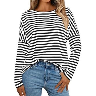 Generic Sweat-shirt surdimensionn&eacute; ray&eacute; aux couleurs contrast&eacute;es pour femme, d&eacute;contract&eacute;, charmant, &eacute;l&eacute;gant, col rond, manches longues, chemises Y2K, coupe am