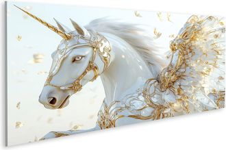 Islandburner Bild auf Leinwand Weißes Einhorn mit goldenen Flügeln und Zaumzeug Bilder Wandbilder Poster