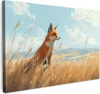 MuchoWow © Leinwandbild Groß 120x80 cm XXL Dekoration Wohnzimmer Bilder Pictures Wall Decoration Living Room Wohnungs Deko Moderne Bild Fuchs - Gras - Wolken -