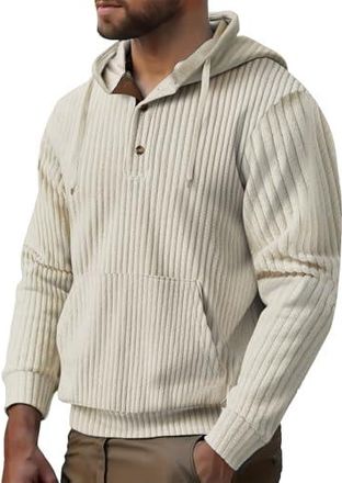 Generic DENGJIAMY - Sweat &agrave; capuche en velours c&ocirc;tel&eacute; uni &agrave; rayures verticales pour homme - Chemise de printemps classique &agrave; manches longues - Pull vintage po