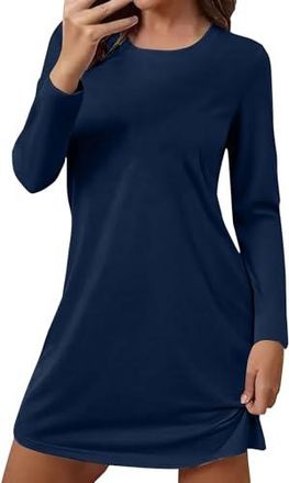 Generic Chemise de nuit midi &agrave; manches longues UK - Chemises de nuit en coton pour femme - Robe de nuit grande taille &agrave; manches longues - Col rond - Chemises 