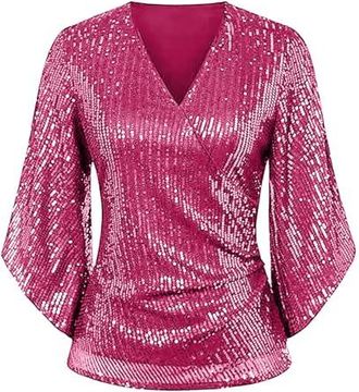 Generic Femme Blouse à Paillettes Col Croisé en V Cache-Coeur Pailletté à Manches 3/4 à Taille Plissée Haut à Sequins Chic et Élégant Blouse