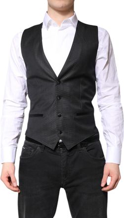 Dolce & Gabbana Mens Black Wool Waistcoat Dress Formal Vest Virgin Silk Polyester