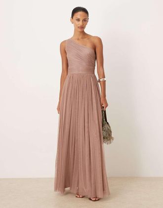 Lace & Beads Robe longue asym&eacute;trique pour demoiselle dhonneur en tulle - Taupe-Neutre