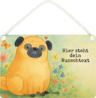 Mr. & Mrs. Panda Personalisiertes T&uuml;rschild Mops Design DIN A6 - Geschenk, Liebe, Hund, Pure, T&uuml;rschilder personalisiert, Namensschilder, Spr&uuml;che, Knuffig, Schild, Hol