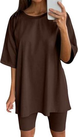 Generic Ensemble 2 pi&egrave;ces pour femme - T-shirt surdimensionn&eacute; d&eacute;contract&eacute; - Short de motard - Surv&ecirc;tement de sport - Ensemble assorti, marron, XXL